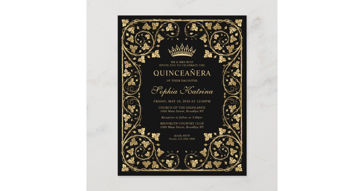 Cheap Vintage Black Floral Gold Tiara Quinceanera Flyer | Zazzle