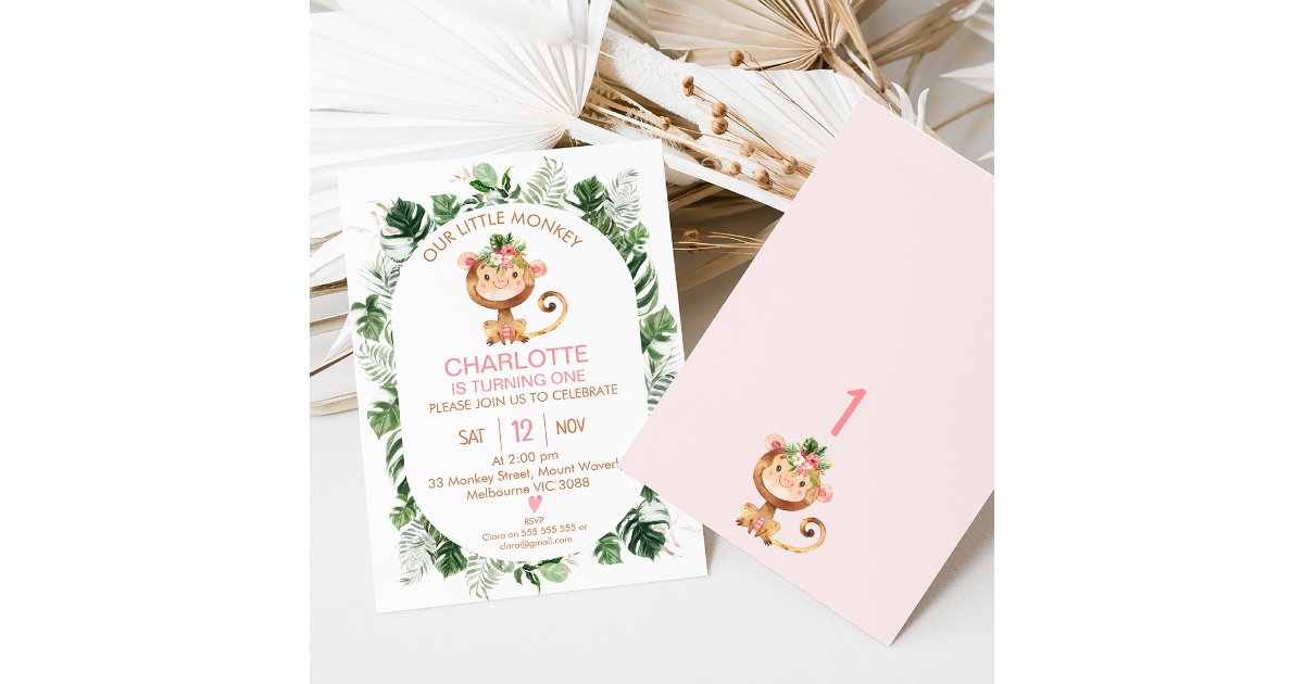 Cheeky Little Monkey Girls 1st Birthday Invitation | Zazzle