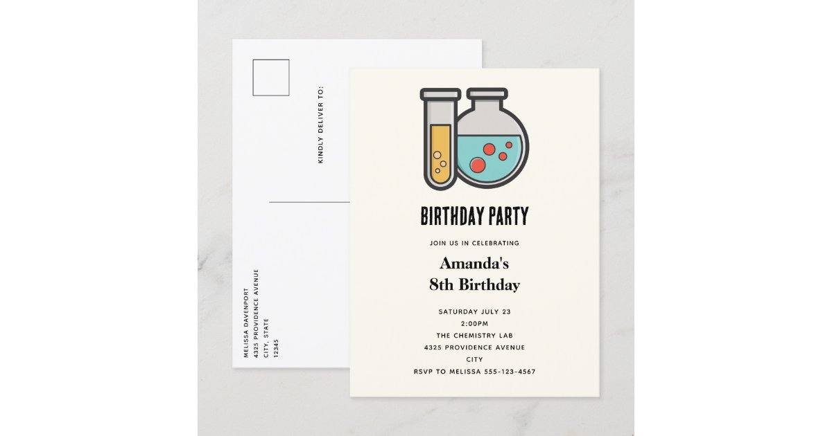 Chemistry Test Tube and Beaker Birthday Invitation Postcard | Zazzle