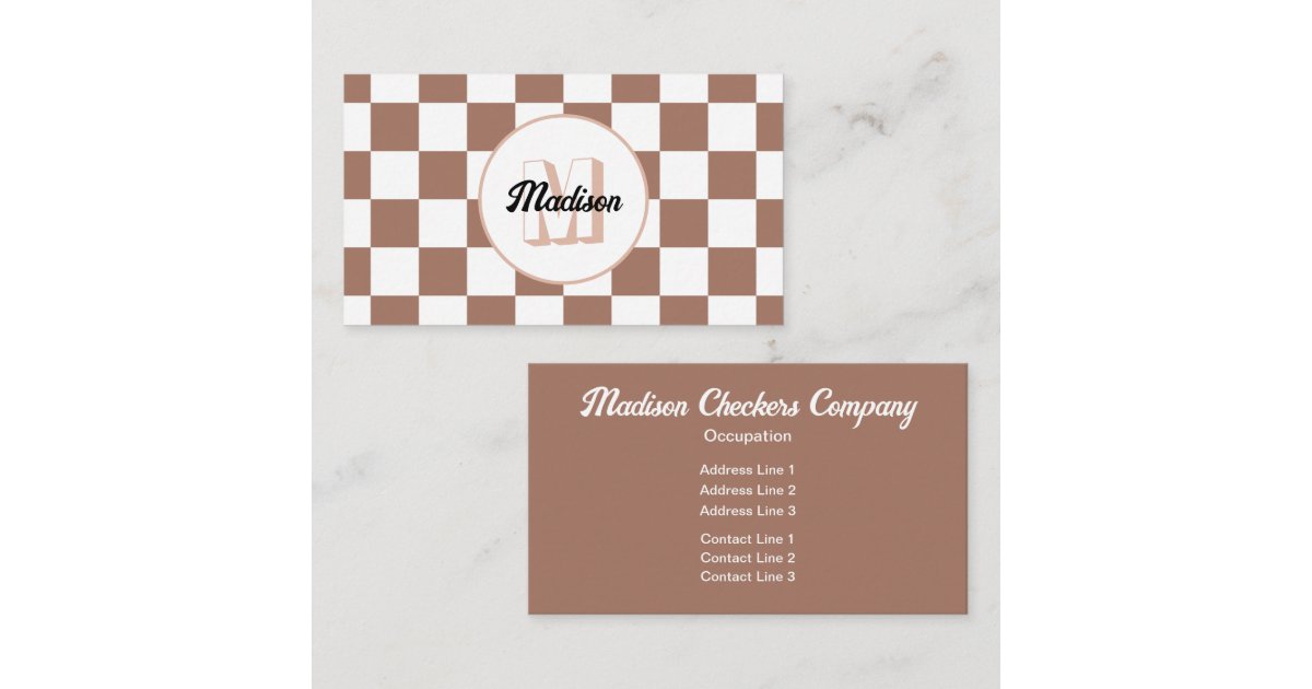 Chequered squares mocha brown white retro Monogram Business Card | Zazzle