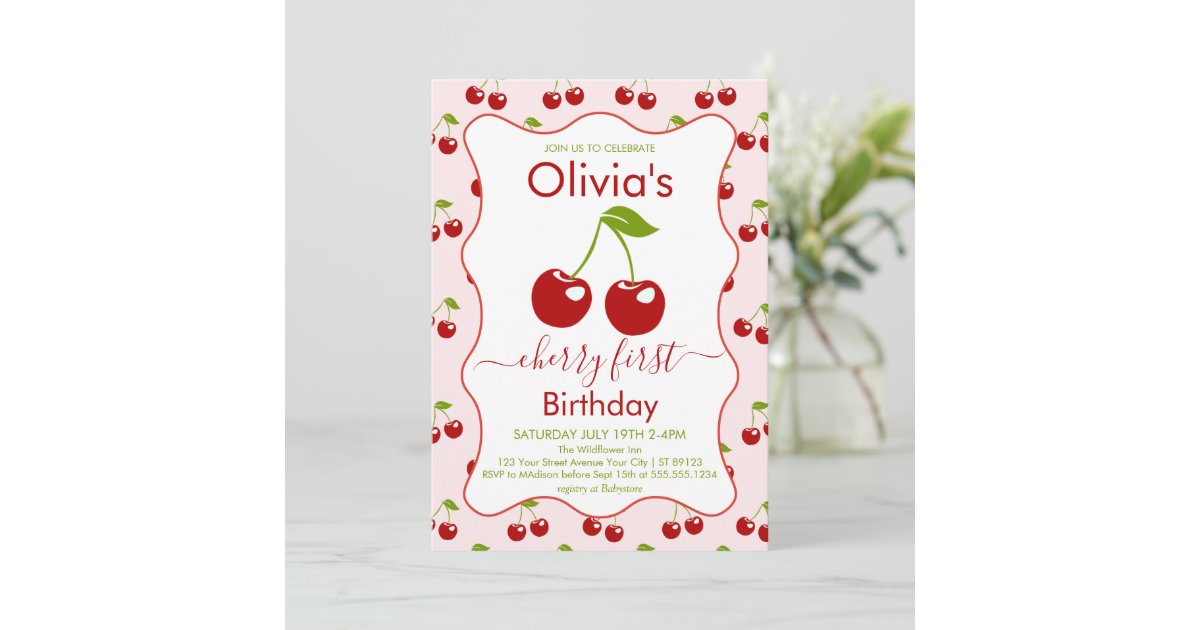 Cherry First Birthday Cherries 1st Birthday Invitation | Zazzle