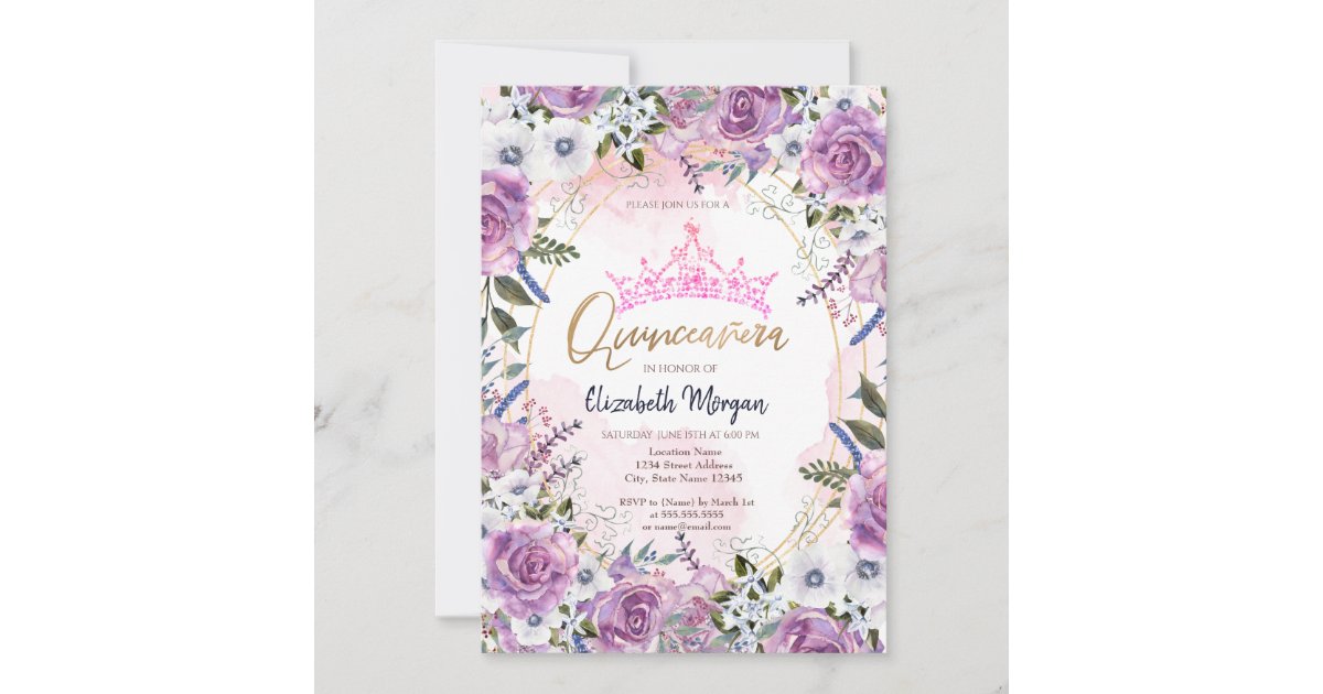 Chic Crown Violet Flowers Quinceanera Invitation | Zazzle