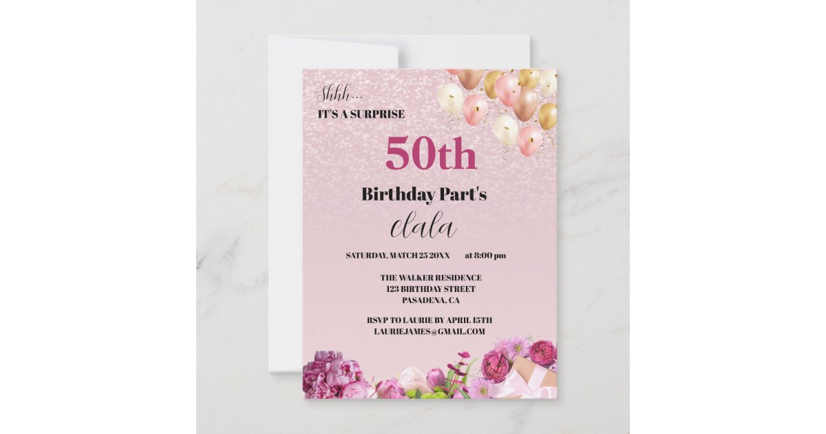 Chic Girly 50th Surprise Birthday Party Invitation | Zazzle