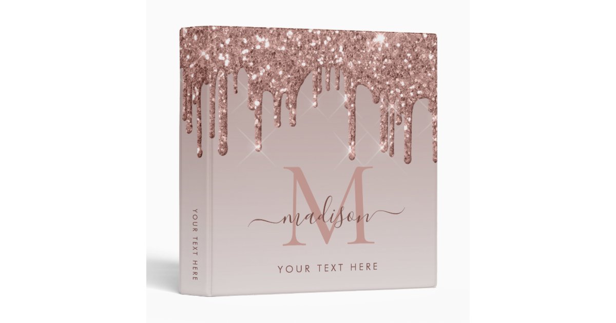 Chic Monogram Pink Rose Gold Glitter Drips Sparkle Binder | Zazzle