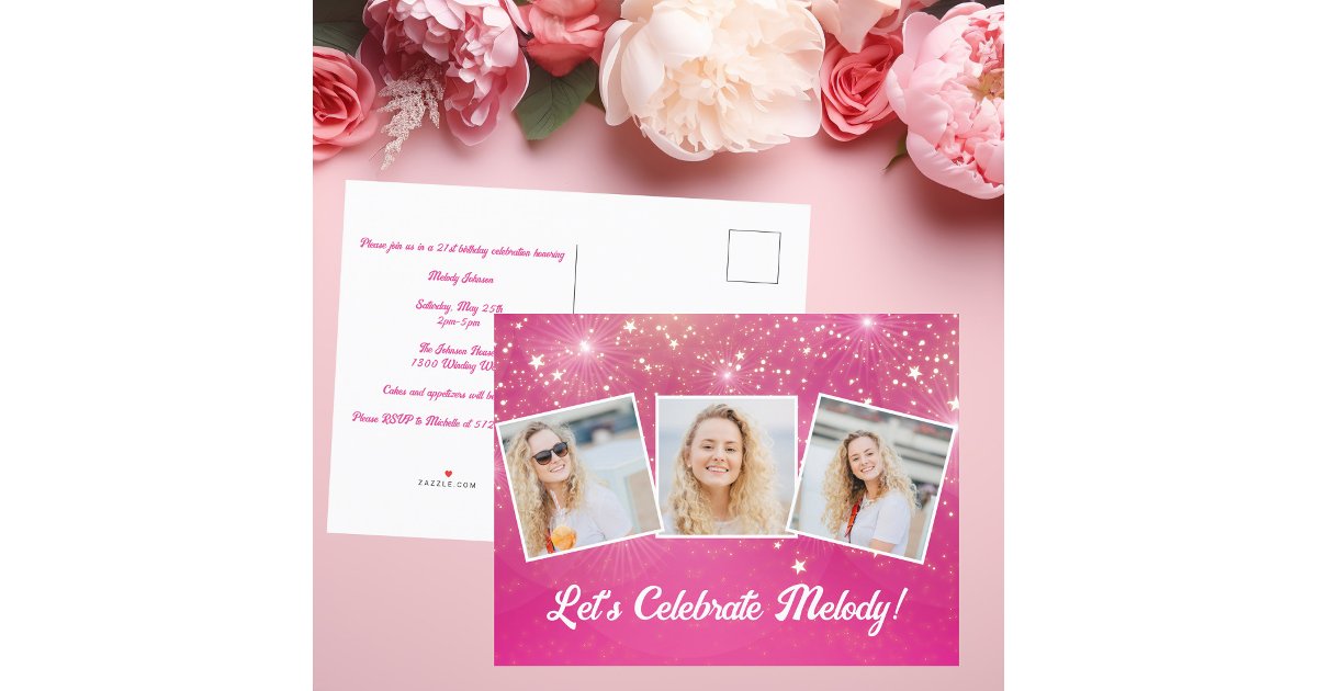 Chic Pink Sparkle Photo Collage Birthday Party Invitation Postcard | Zazzle