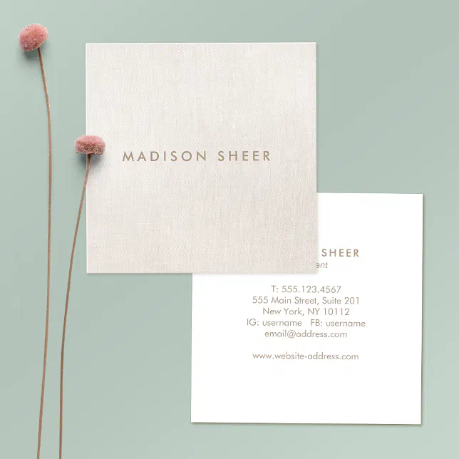 Chic Stylish Modern Beige Linen Square Business Card | Zazzle