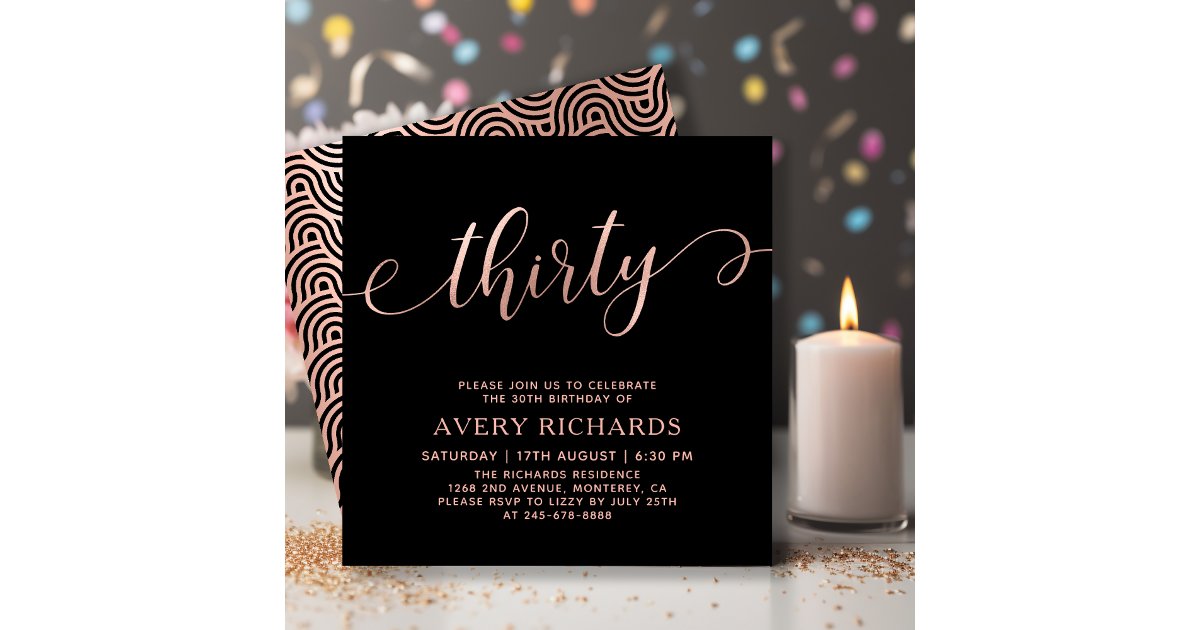 Chic Thirty Script Rose Gold Black 30th Birthday Invitation | Zazzle