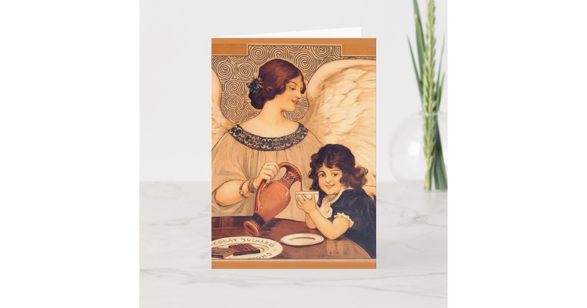 Chocolate Angel French Antique Holiday Card | Zazzle