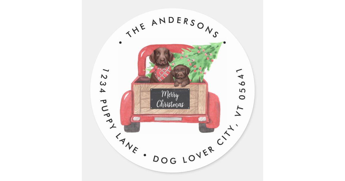 Chocolate Lab Red Christmas Truck Return Address Classic Round Sticker ...