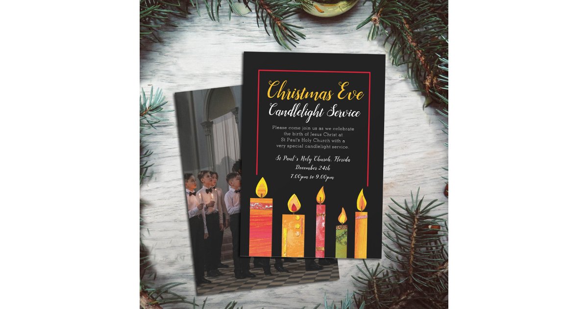 Christmas candlelight service art black photo invitation | Zazzle