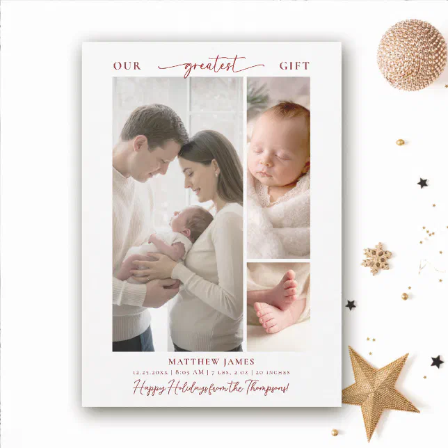 Christmas Gift Above Elegant Simple Baby 3 Photo Holiday Card | Zazzle