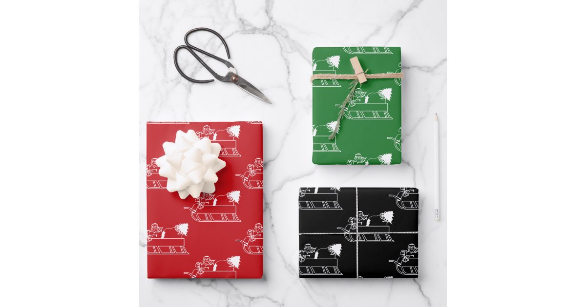 Christmas red green black white Santa sled pattern Wrapping Paper Sheet ...