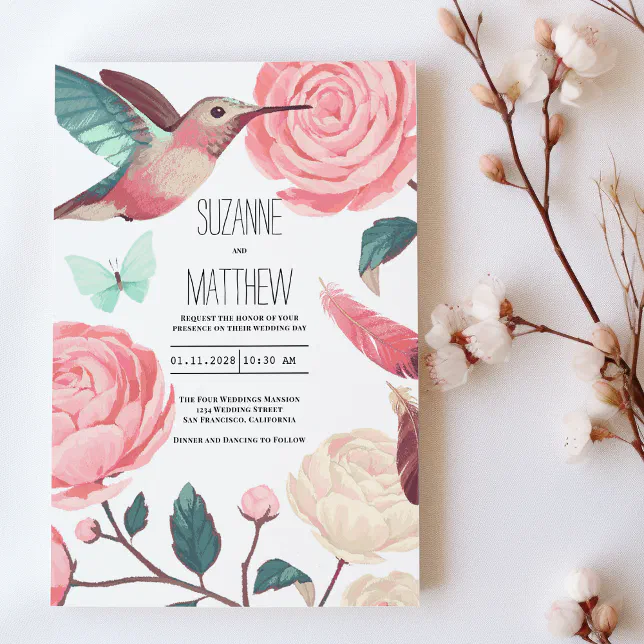 Colorful Hummingbird Floral Spring Wedding Invitation | Zazzle