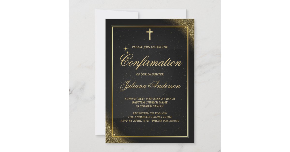 Confirmation Black and Gold Elegant Invitation | Zazzle