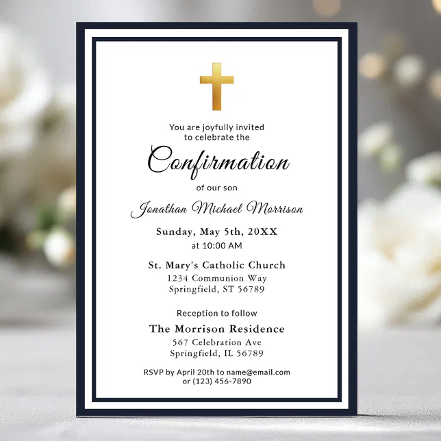 Confirmation Navy Blue White Minimalist Boy Invitation | Zazzle