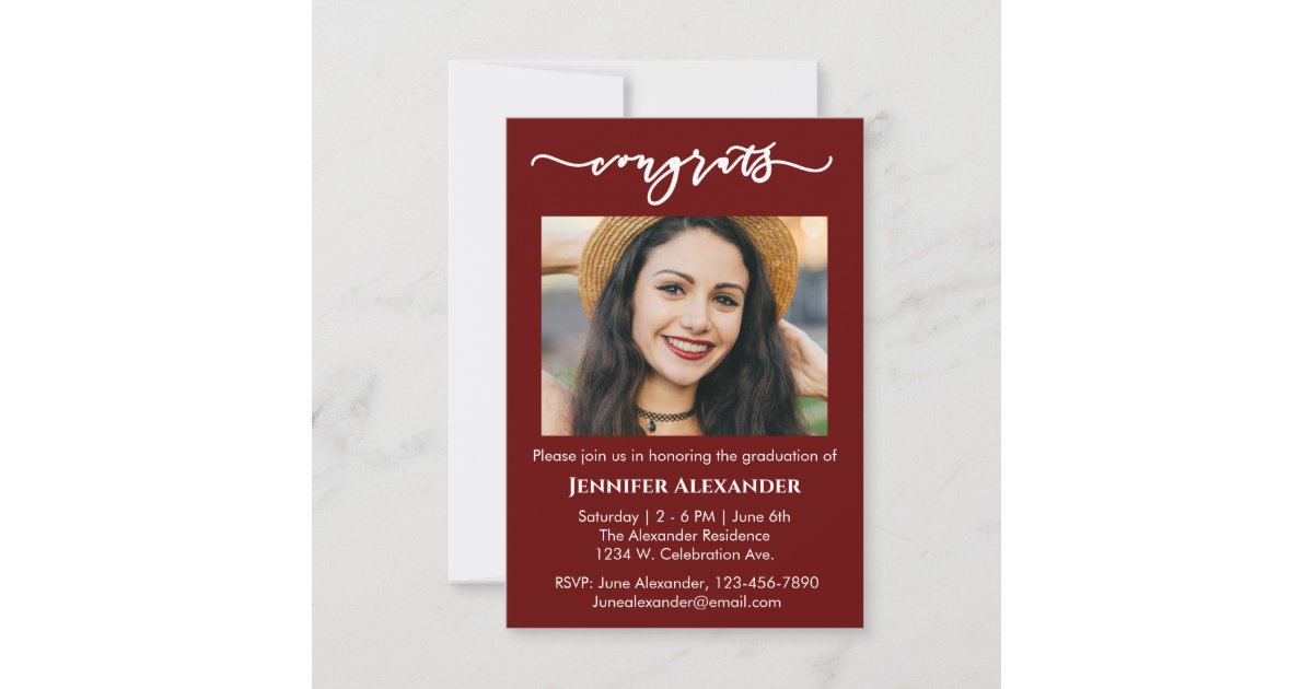 congrats calligraphy photo white text on burgundy thank you card | Zazzle