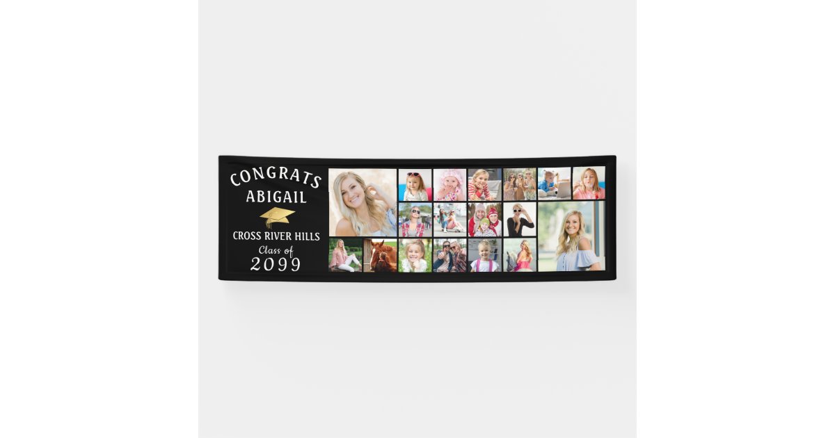 CONGRATS GRAD 18 Photo Collage Gold Cap Banner | Zazzle