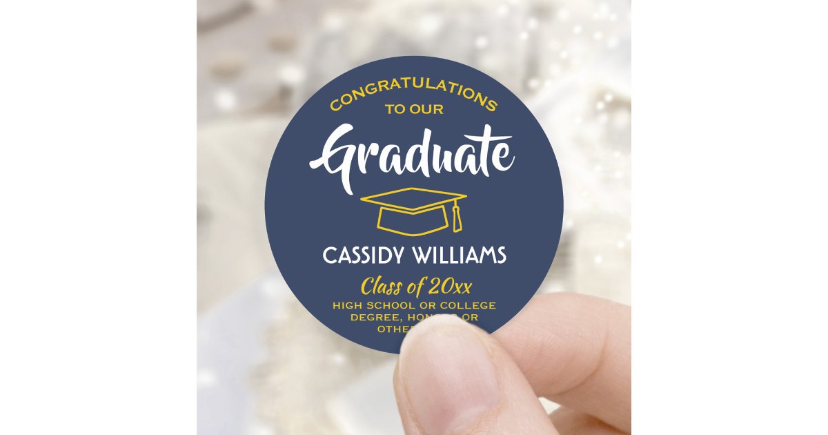 Congratulations Navy Blue and Gold Graduation Classic Round Sticker ...