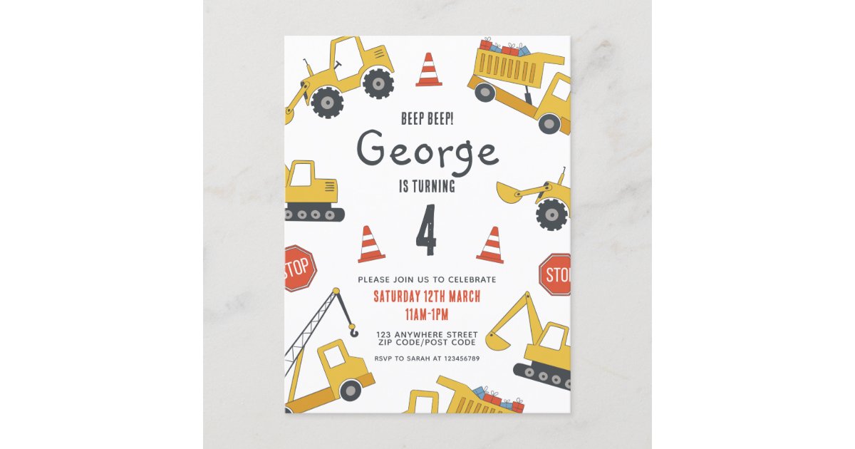 Construction Vehicles Birthday Party Invitation Postcard | Zazzle