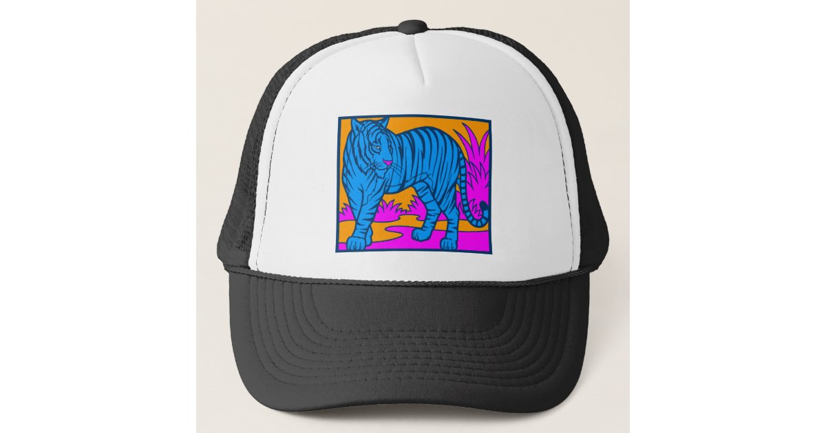 COREY TIGER 1980's RETRO JUNGLE TIGER BLUE Trucker Hat | Zazzle