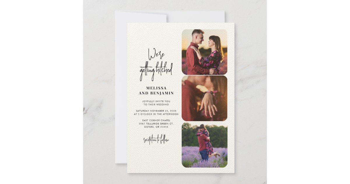 Couple Photo Collage Getting Hitched Wedding Invitation | Zazzle
