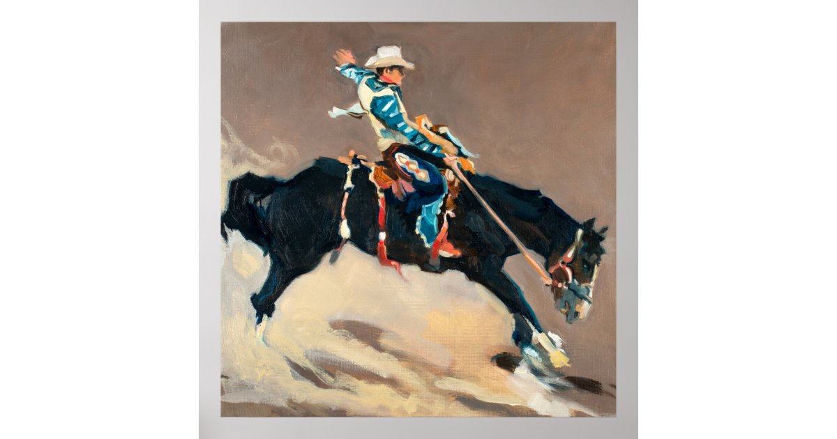 Cowboy on a Bucking Bronco at the Rodeo Poster | Zazzle