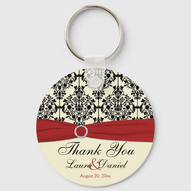 Cream, Red, and Black Damask Wedding Favour Keychain | Zazzle