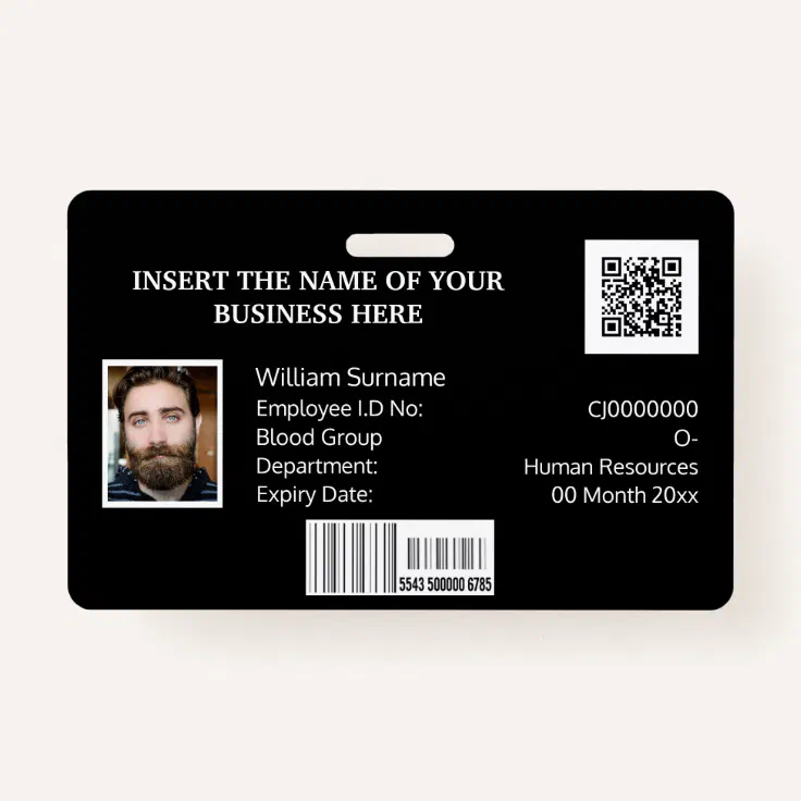 CUSTOM employee ID card barcode photo logo black Badge | Zazzle