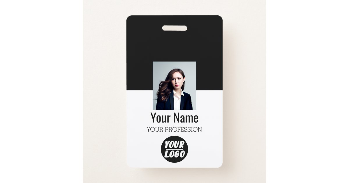 Custom Employee Photo, Bar Code, Logo, black Name Badge | Zazzle