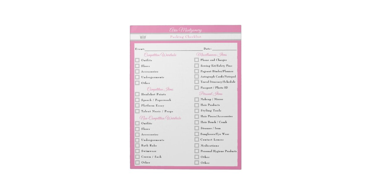Custom Pageant Packing Checklist for Pageants Notepad | Zazzle