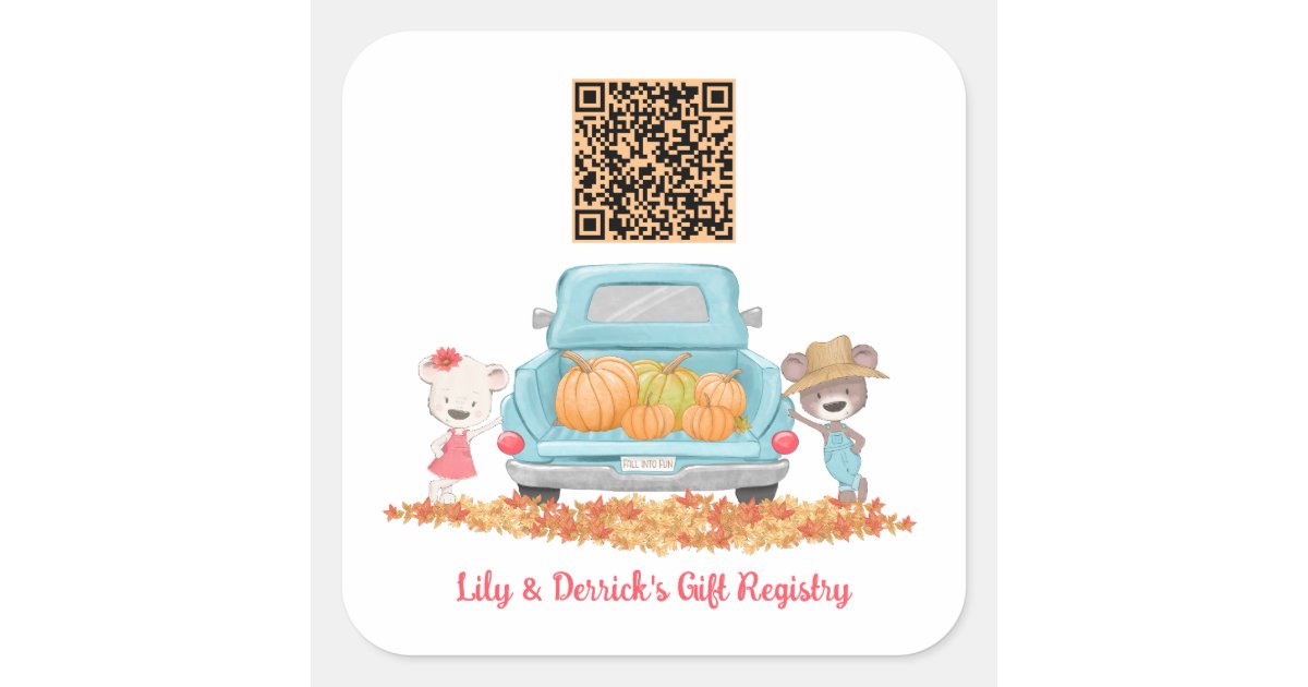 Custom QR Code Autumn Pumpkin Theme Gift Registry Square Sticker | Zazzle