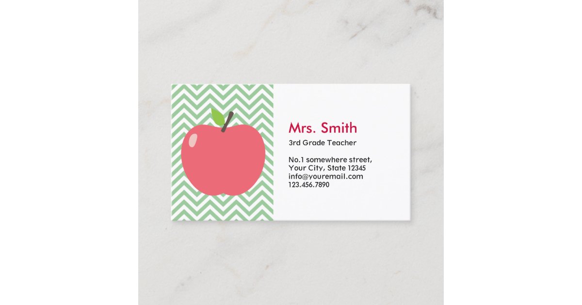 Cute Apple Green Chevron Teacher Business Card | Zazzle