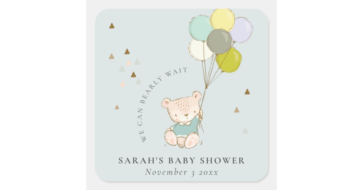 Cute Aqua Bearly Wait Bear Balloon Baby Shower Square Sticker | Zazzle