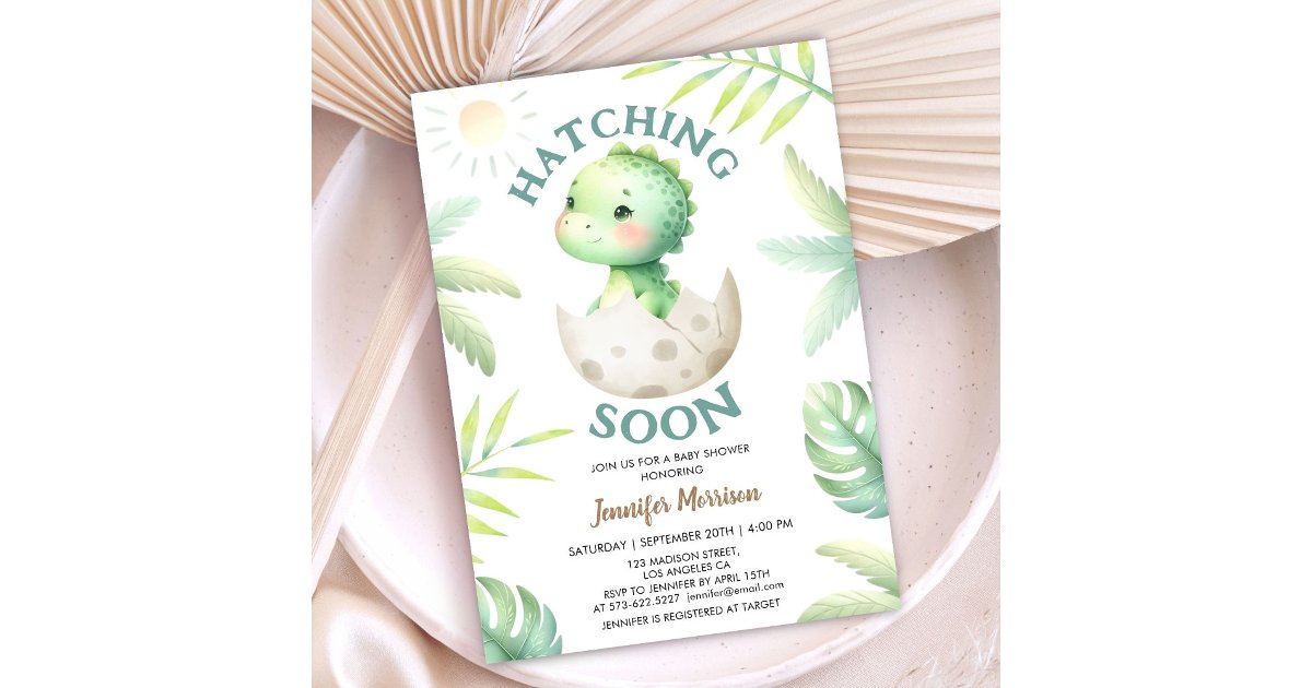 Cute Baby Dino Hatching Soon Dinosaur Baby Shower Invitation | Zazzle