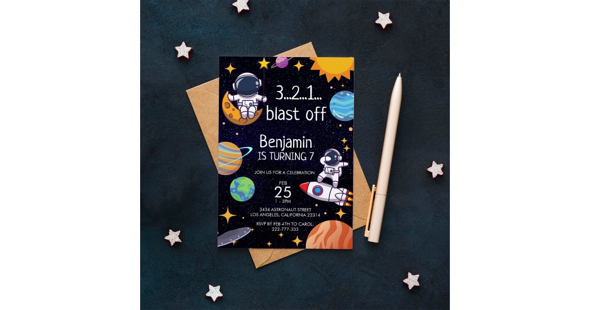 Cute Blast Off Space Theme Any Age Birthday Invitation | Zazzle