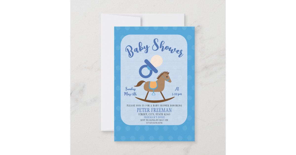 Cute Blue Rocking Horse Pacifier Boy Baby Shower Invitation | Zazzle