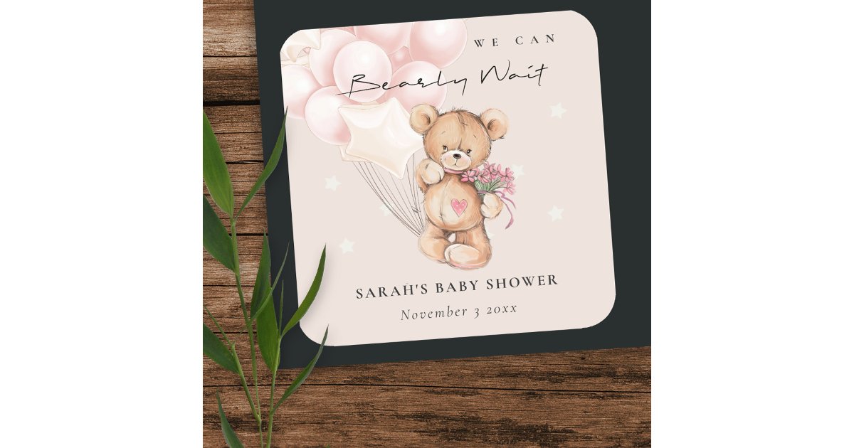 Cute Blush Bearly Wait Bear Balloon Baby Shower Square Sticker | Zazzle