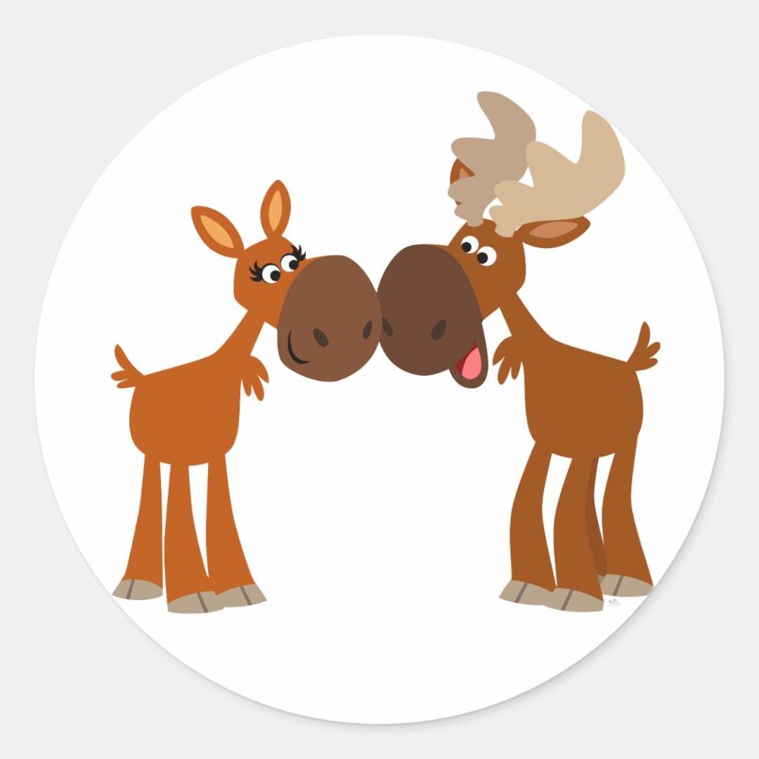 Cute Cartoon Moose Couple in Love Round Sticker | Zazzle