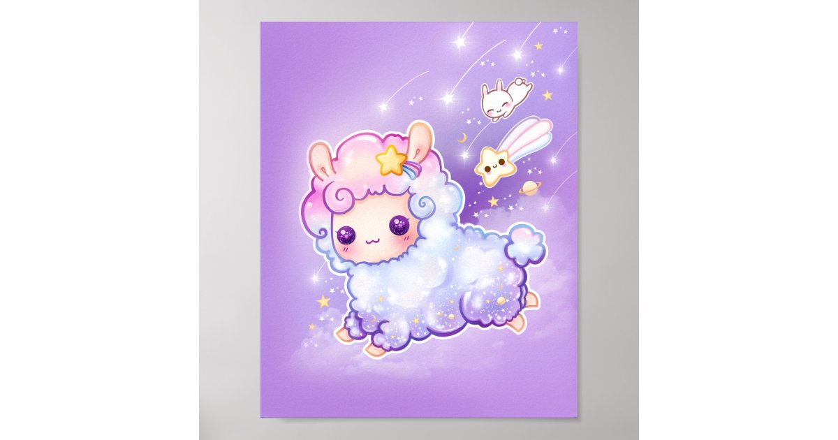 Cute chibi alpaca with kawaii shooting star poster | Zazzle