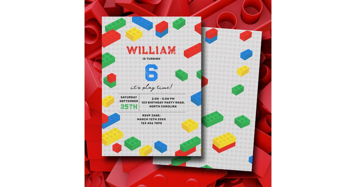 Cute Colourful Bricks Building Blocks Kids Birthda Invitation | Zazzle