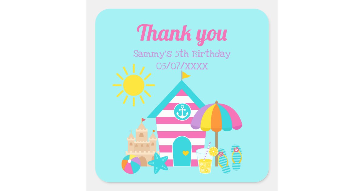 Cute Fun Kids Beach Summer Birthday Thank You Square Sticker | Zazzle