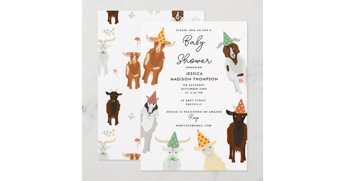 Cute Goats Farm Party Animals Goat Baby Shower Invitation | Zazzle