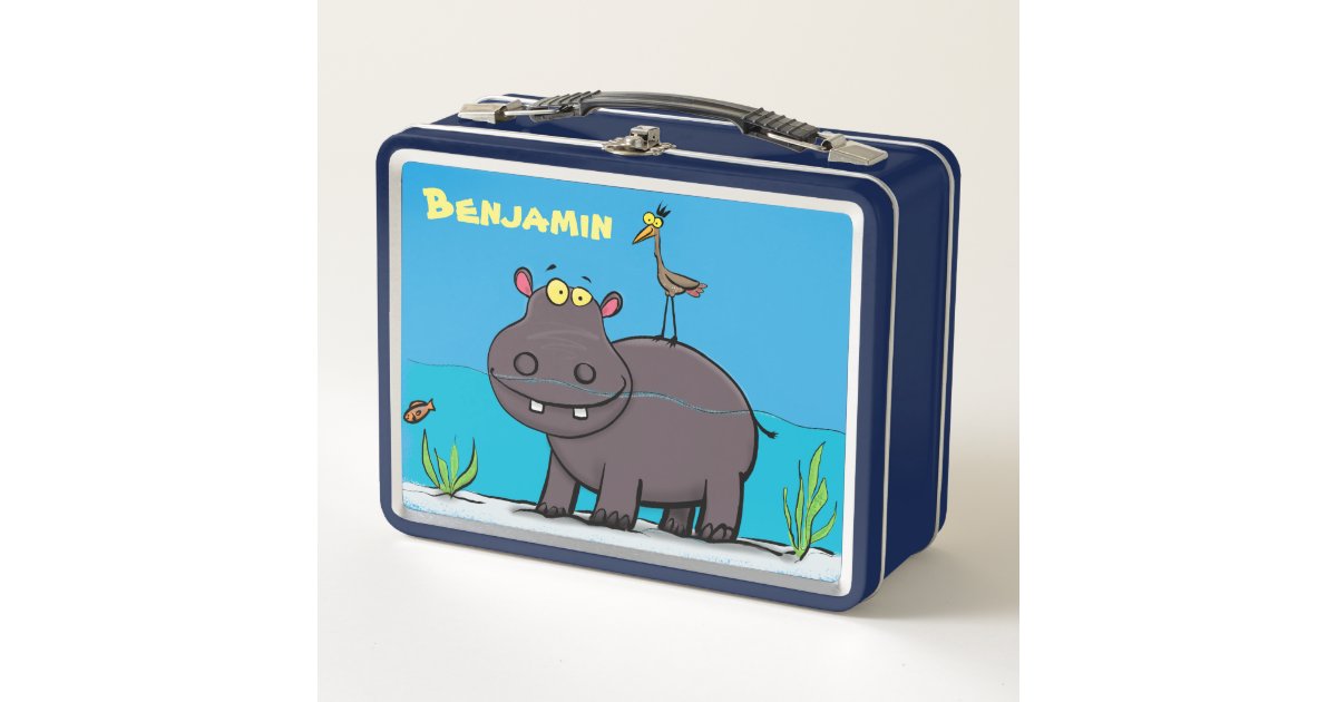 Cute hippo and bird in river cartoon illustration metal lunch box | Zazzle