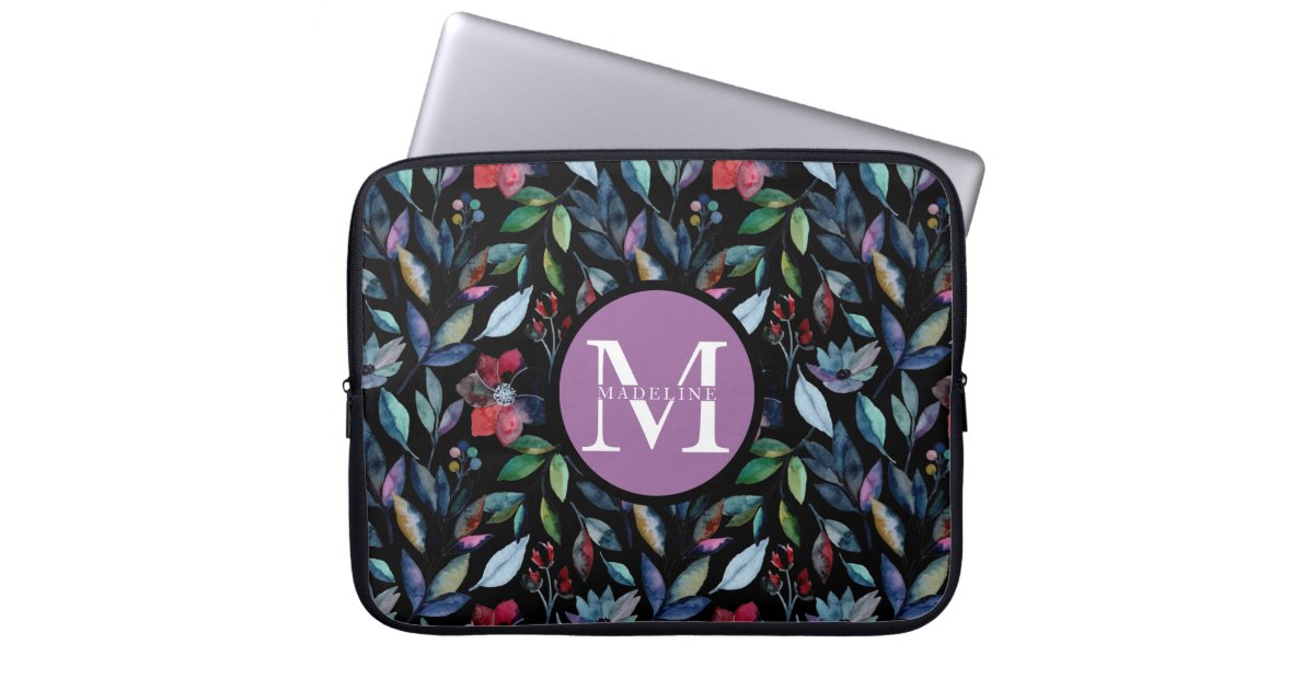 Cute Modern Floral Monogram Name + Initials Laptop Sleeve | Zazzle