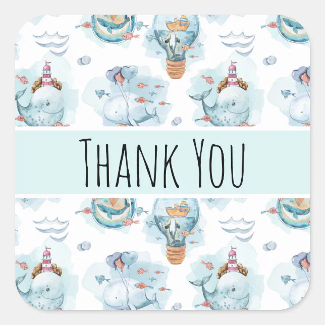 Cute Nautical Whales Watercolor Pattern Thank You Square Sticker | Zazzle
