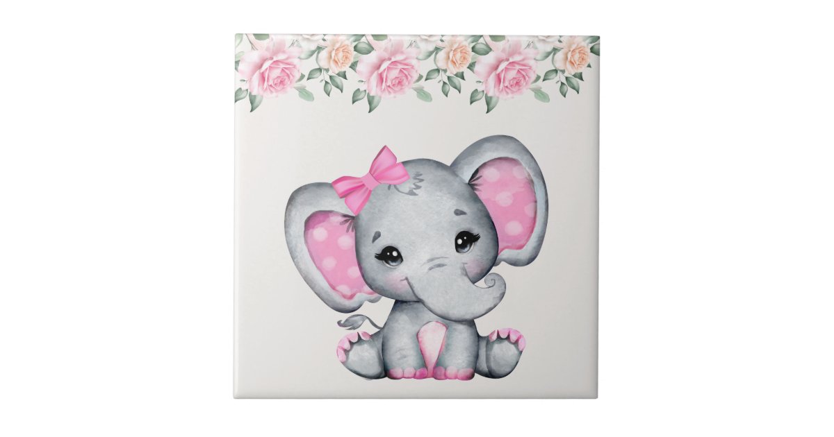 Cute Pink Baby Elephant and Roses Border Tile | Zazzle