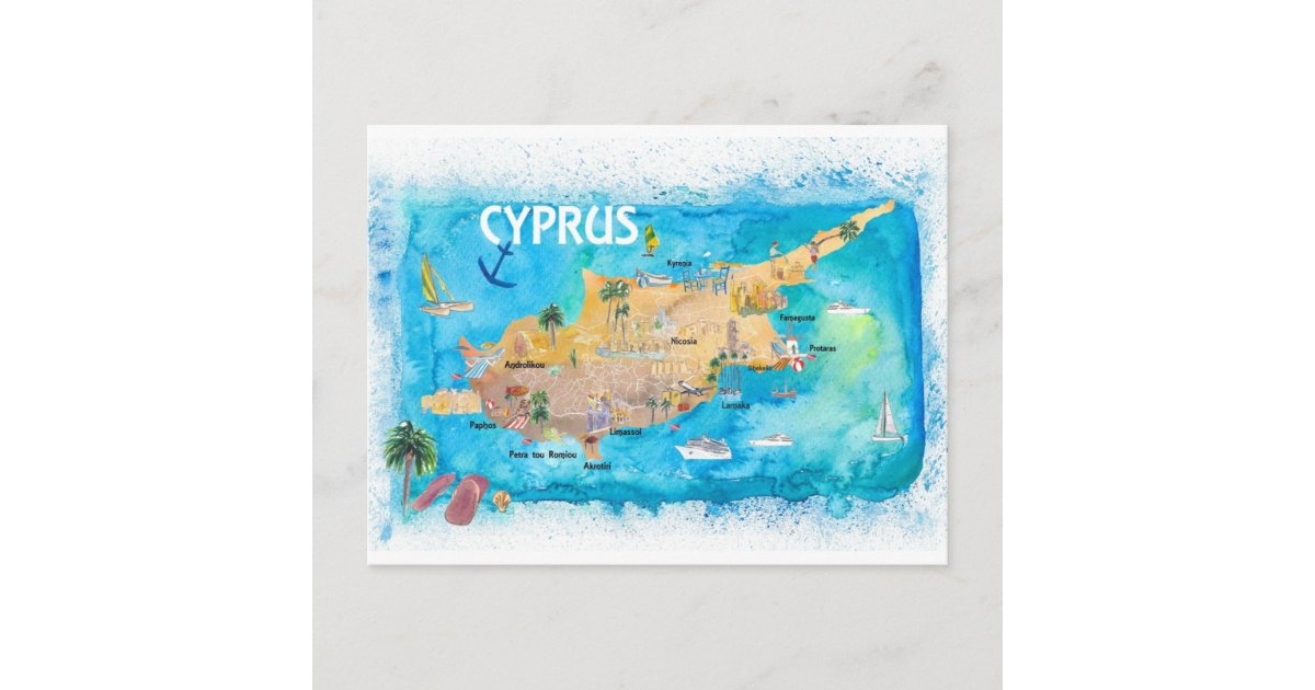 Cyprus Illustrated Map with Main Roads Landmarks Postcard | Zazzle