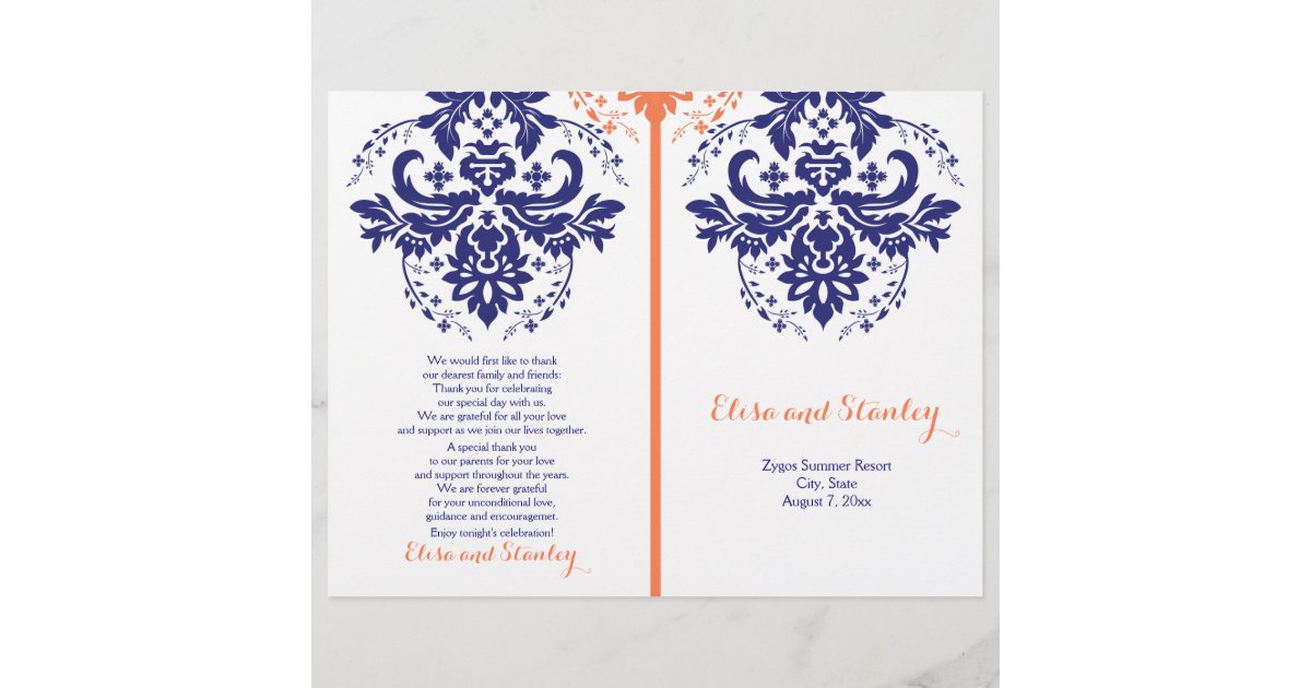 Damask navy blue, coral wedding program | Zazzle
