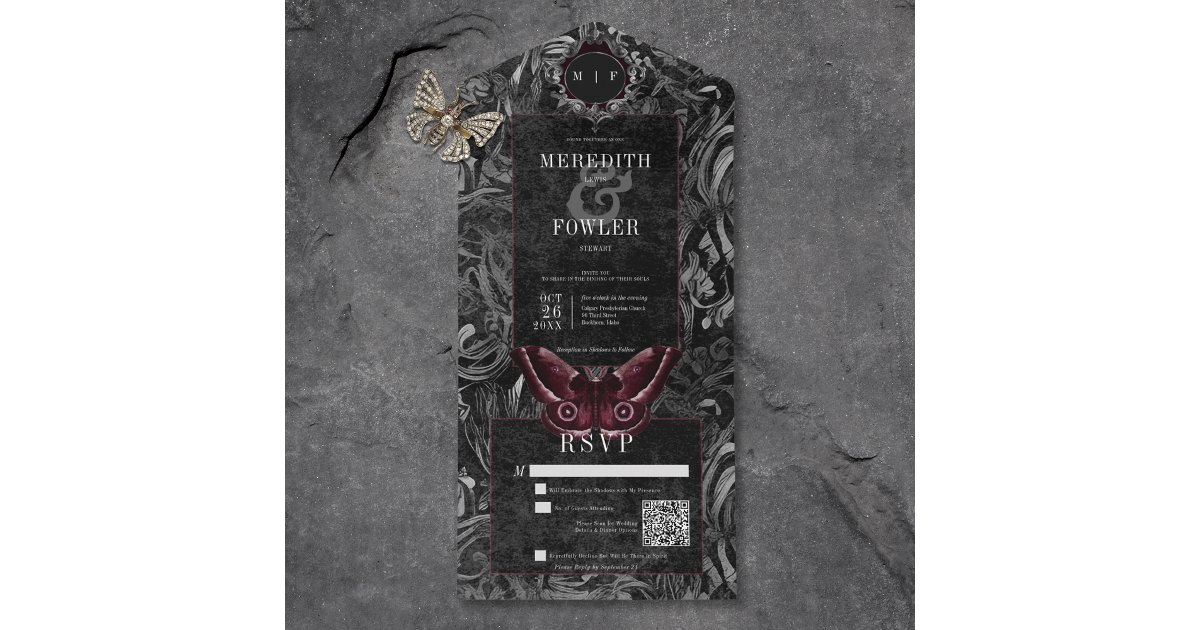 Dark Gothic Black & Grey Filigree Moth QR Code All In One Invitation ...