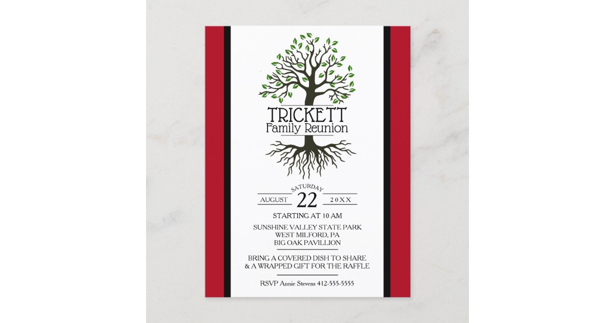 Dark Red Family Tree Family Reunion Invitation Postcard | Zazzle